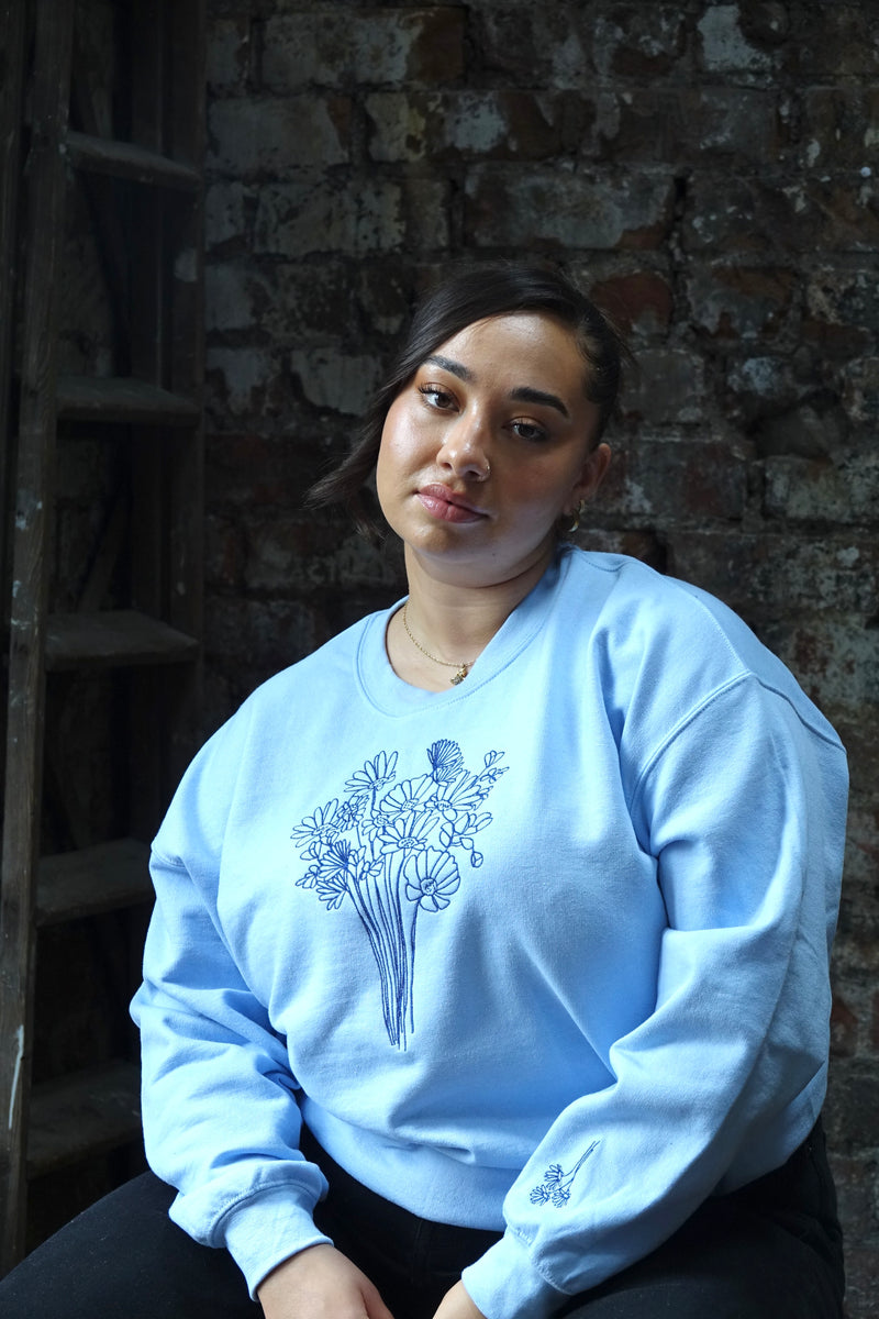 Embroidered big bunch of flowers embroidered on front with mini bunch ...