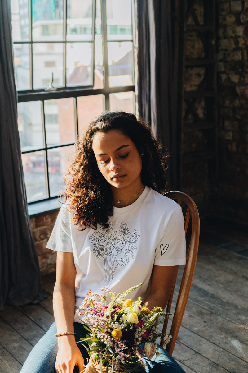 Big bunch of flowers embroidered organic t-shirt. – Emma Warren ltd