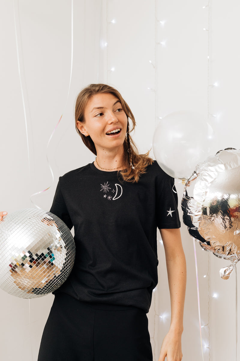 Moon embroidered t-shirt with star sleeve detail – Emma Warren ltd