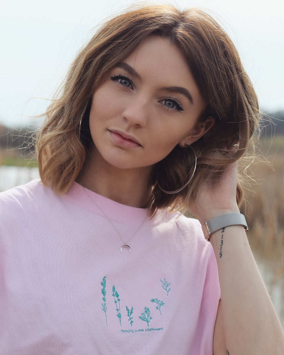 Dancing wildflower embroidered slogan organic t-shirt. – Emma Warren ltd